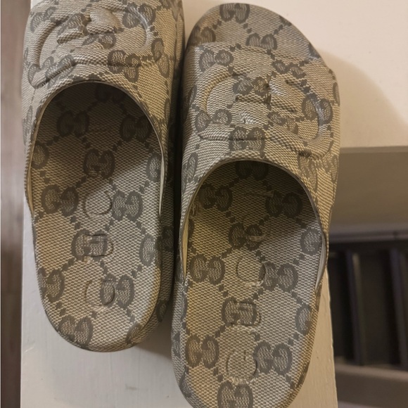 Gucci | Shoes | Gucci Beige Monogrammed Slides | Poshmark